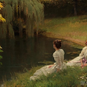 Louis Emile Adan - Elegant Ladies Beside a Pond (1901) Canvas Gallery ...