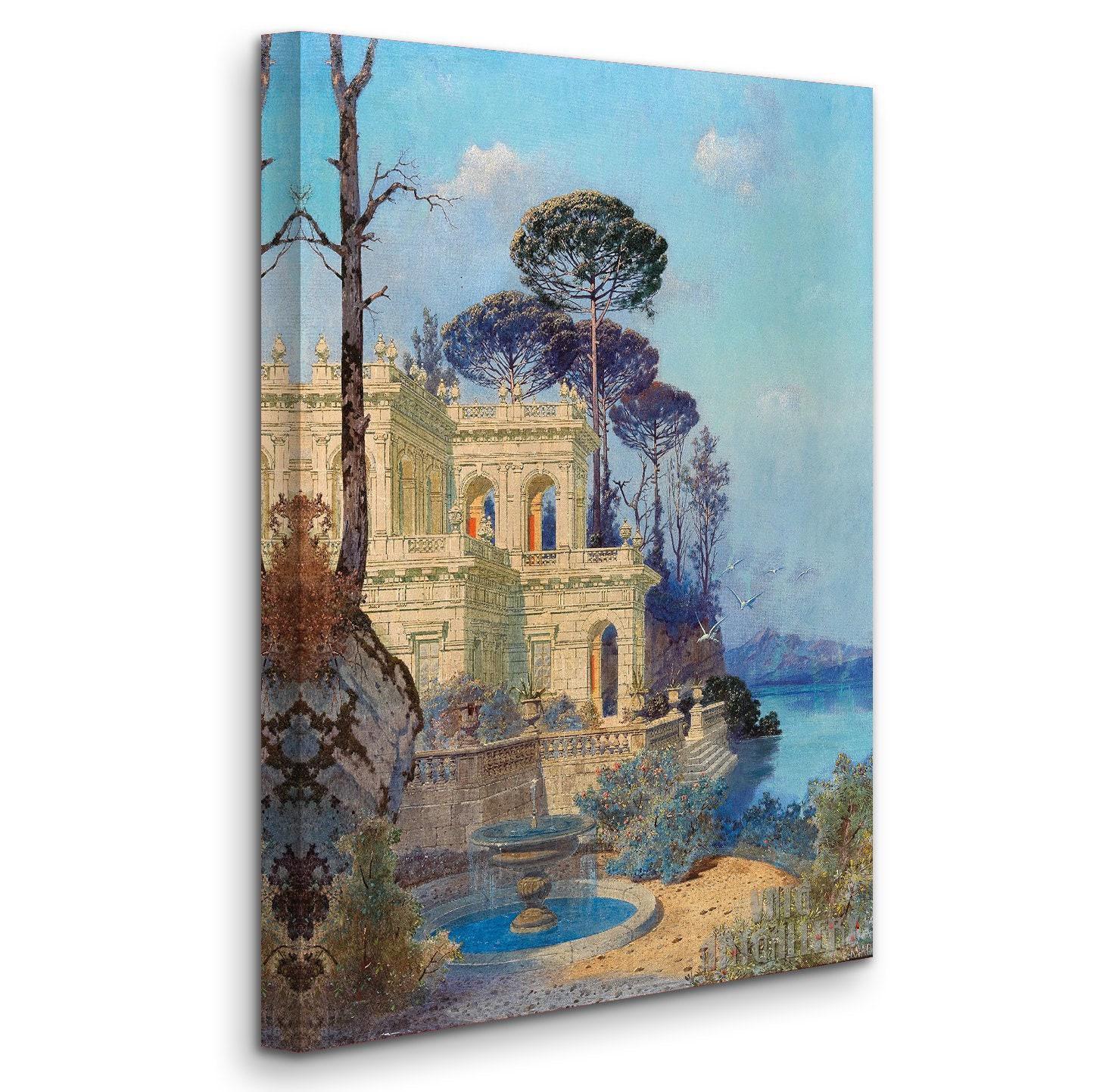 Ferdinand Knab : Villa, a Fountain by the Lake in the Foreground (1899 ...