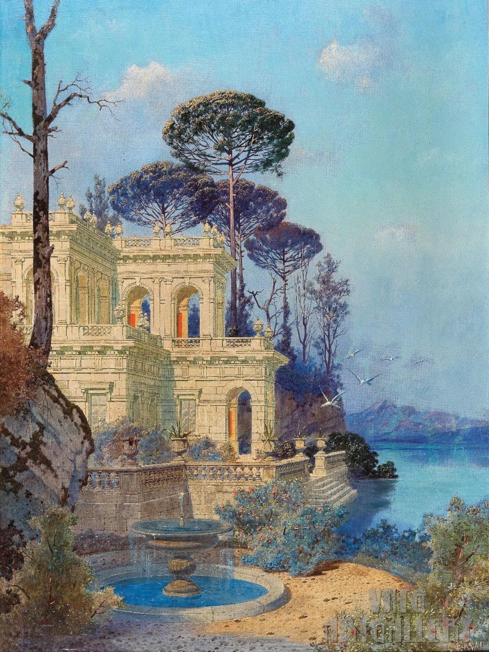 Ferdinand Knab : Villa, a Fountain by the Lake in the Foreground (1899 ...