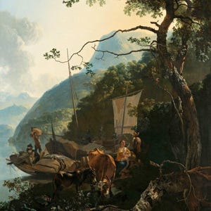 Adam Pijnacker : Boatmen Moored on the Shore of an Italian Lake (1650 ...