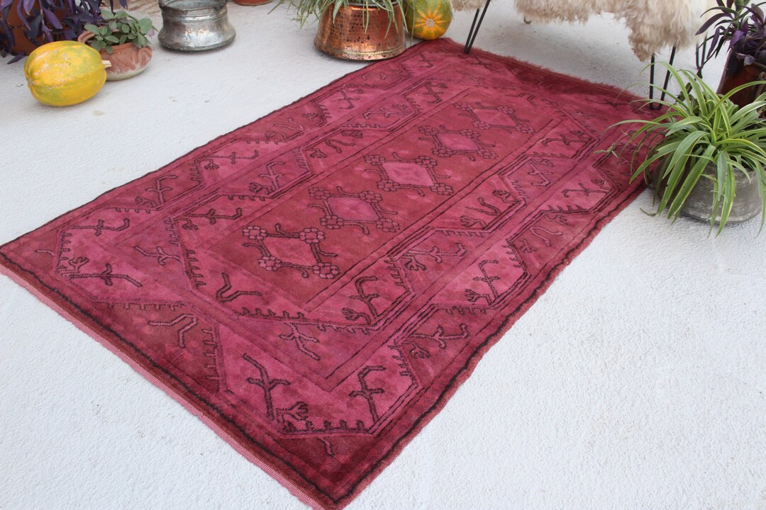 3'9"x6'5" Ft Vintage Over Dyed Rug, Vintage Milas Rug, Dark Pink Rug ...
