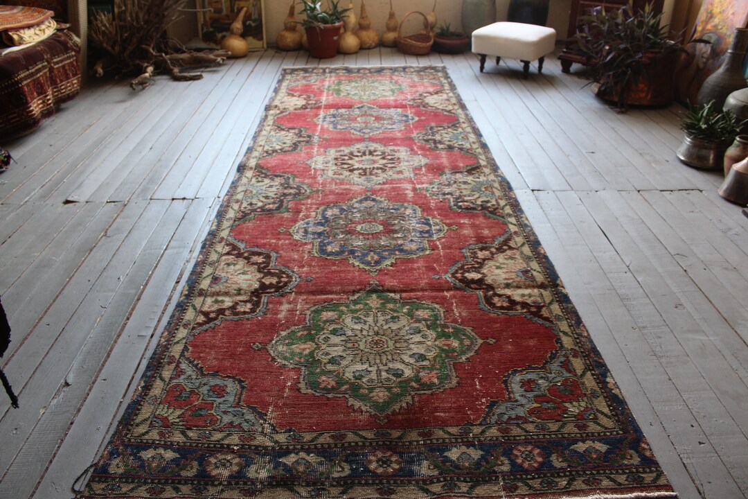 4'0"x12'2" Ft Vintage Red Medallion Rug Runner, Distressed Low Piled ...