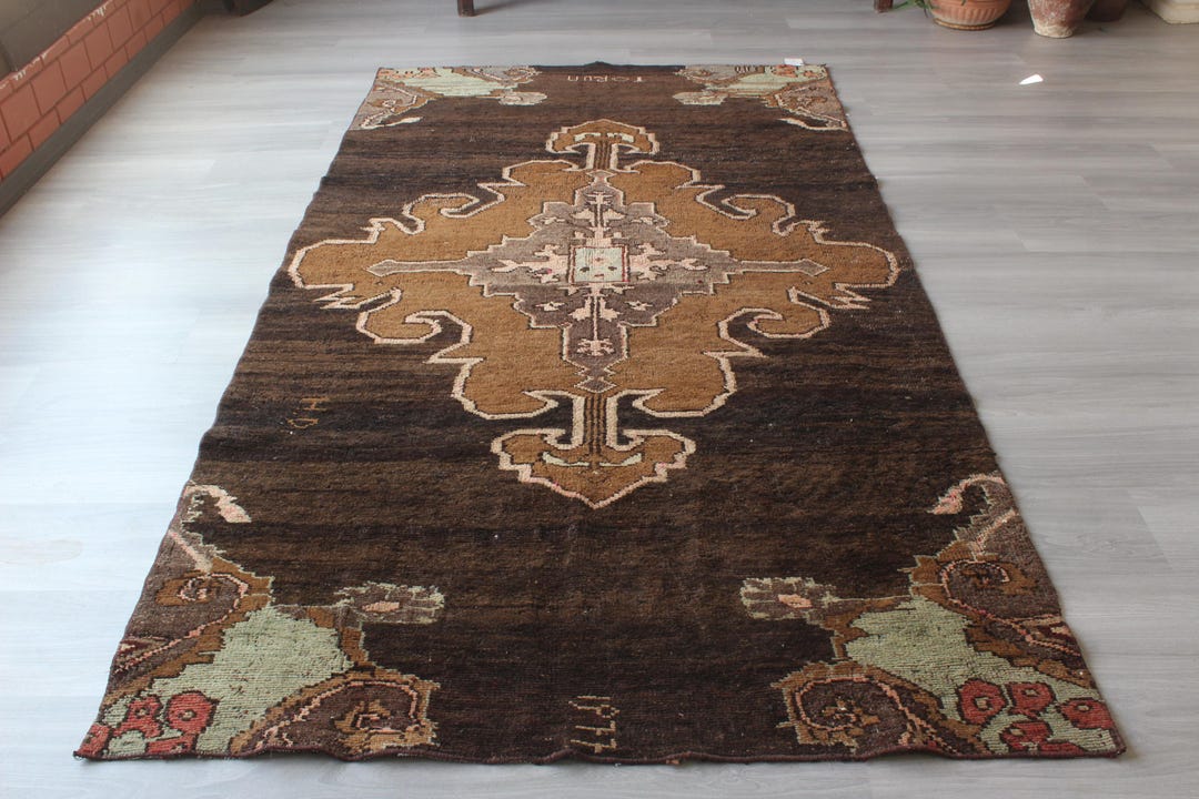 Brown Wool Rug, 4'4''x8'2'' Brown Medallion Rug, Piled Wool Rug ...