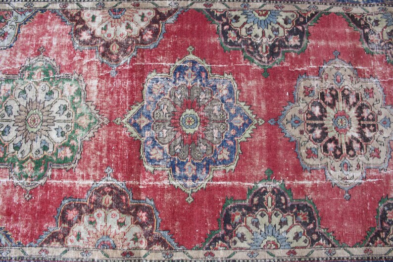 4'0"x12'2" Ft Vintage Red Medallion Rug Runner, Distressed Low Piled ...