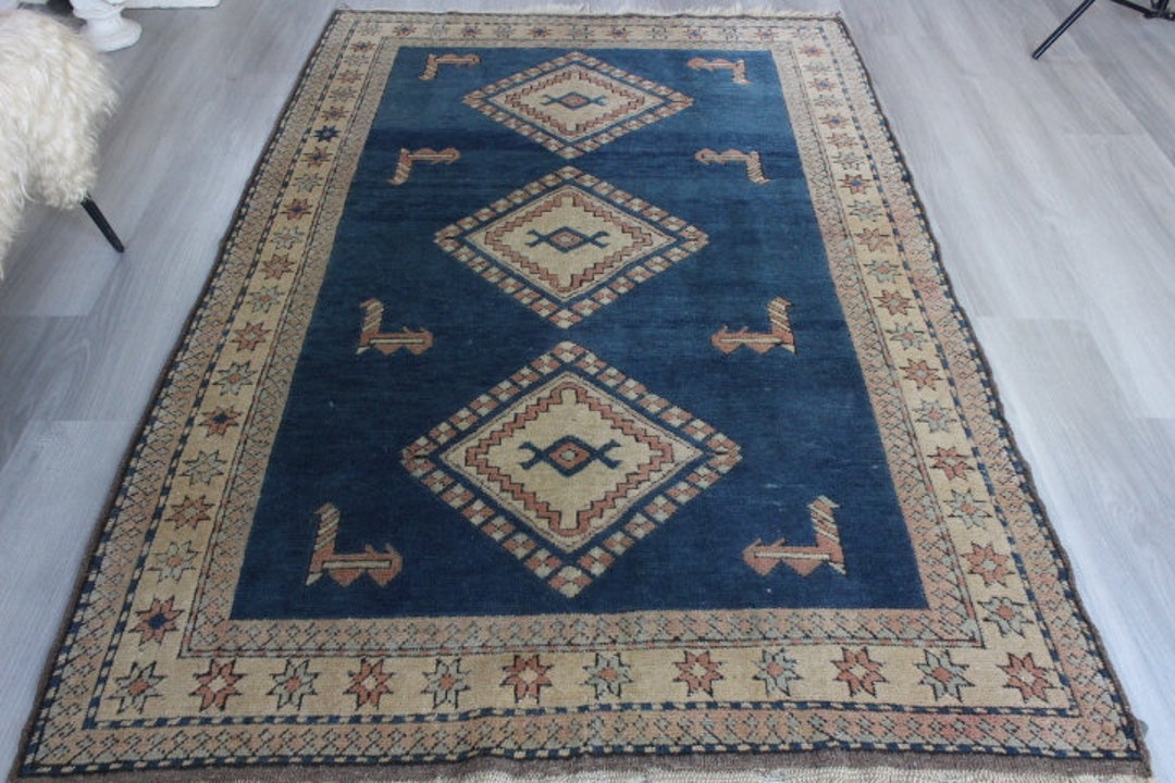Vintage Blue Rug , Modern Design Blue Rug, Handwoven Anatolian Rug / B ...