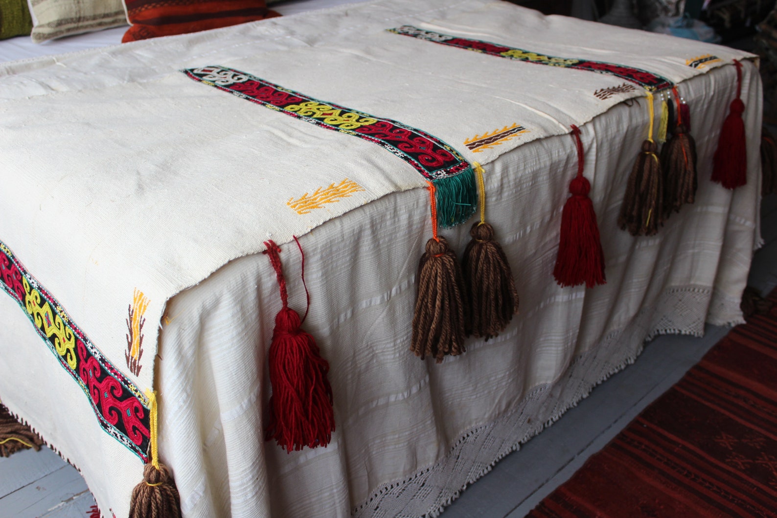 28x99 Inch Ethnic Throw, Bohemian,handmade,cross Stitch,fringed Throw ...