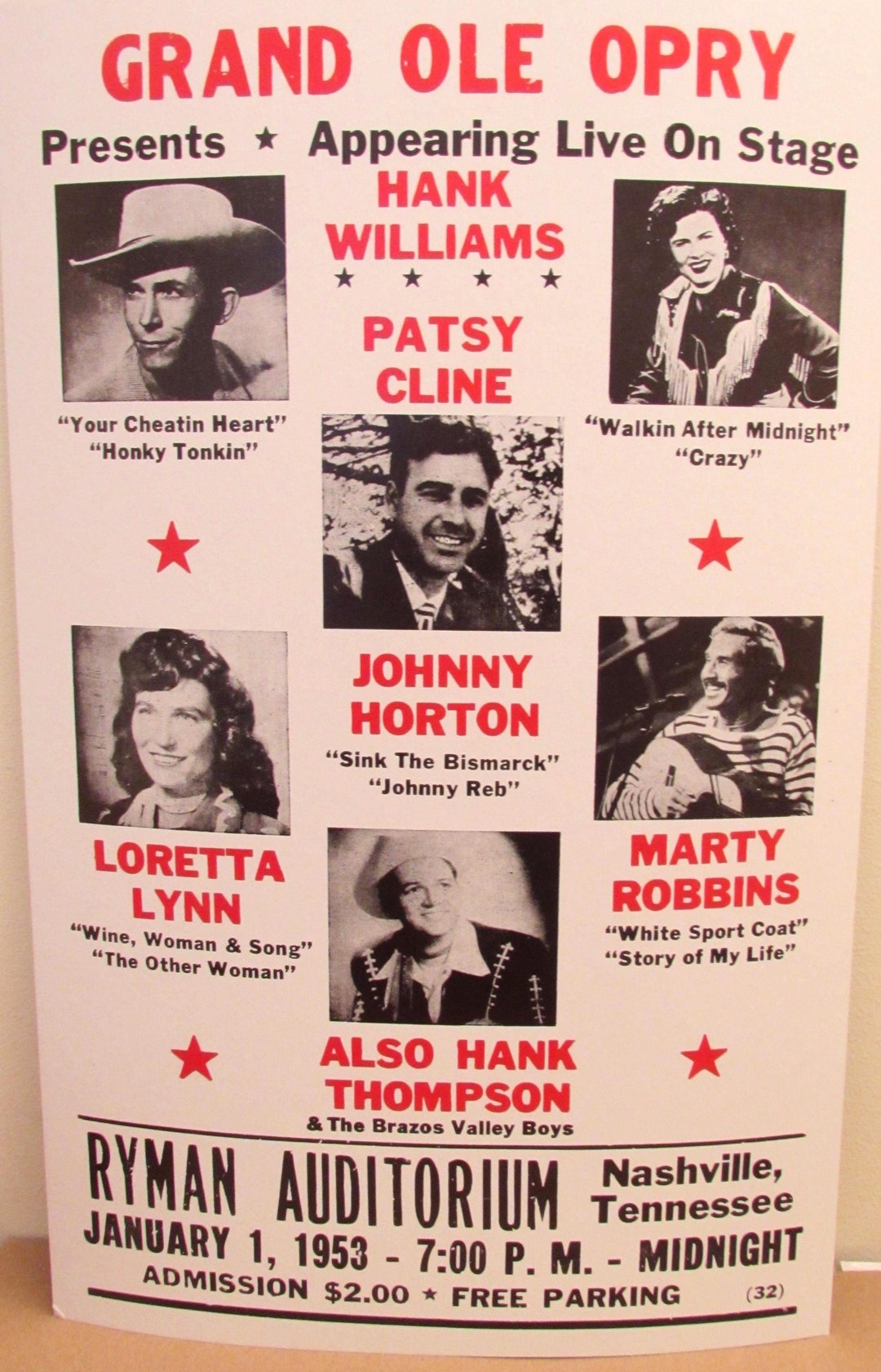 Vintage Grand Ole Opry Concert Poster 1953, Nashville Hank, Patsy, Lynn ...