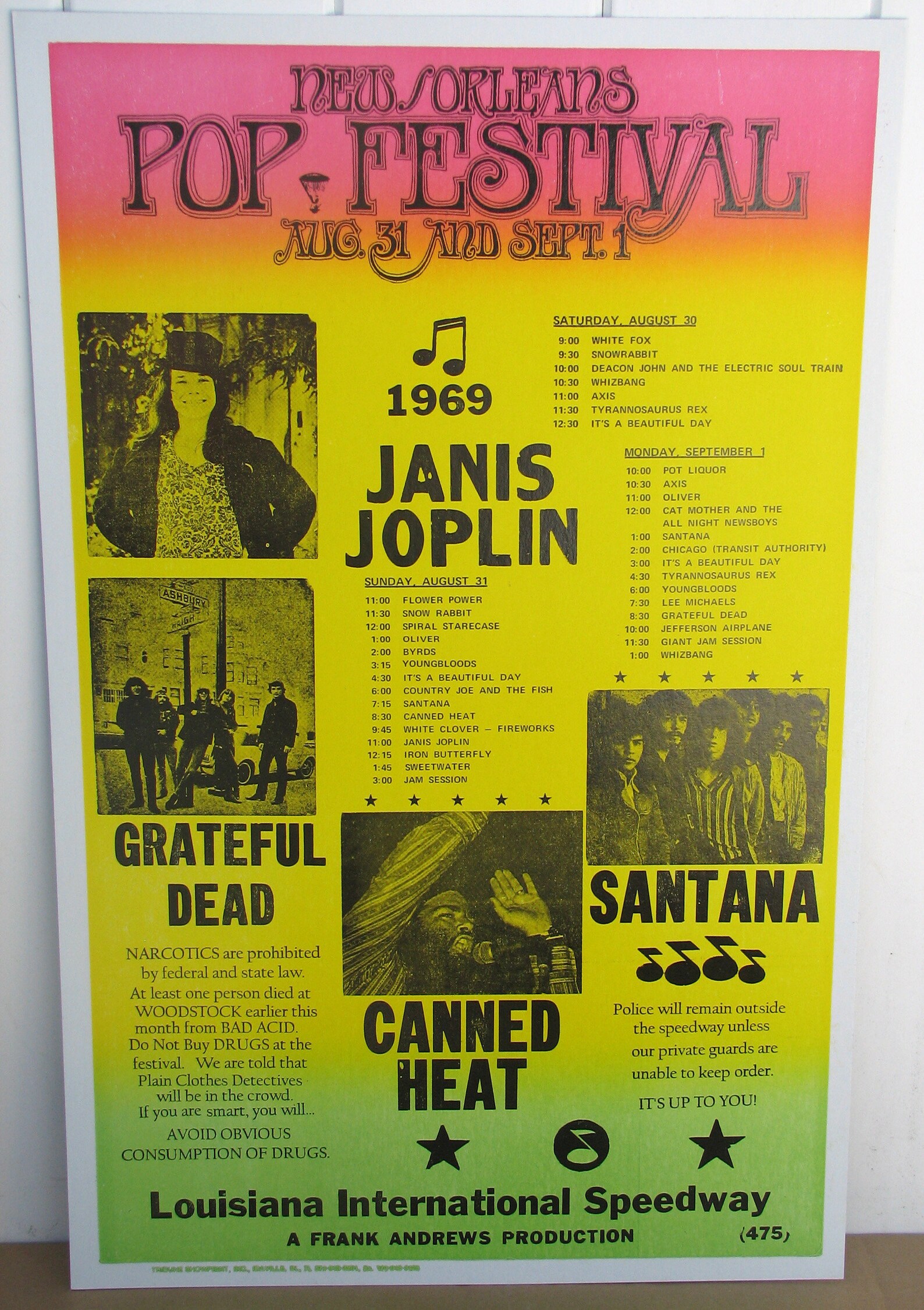 Vintage New Orleans Pop Festival Concert Poster 1969 Joplin, Grateful ...