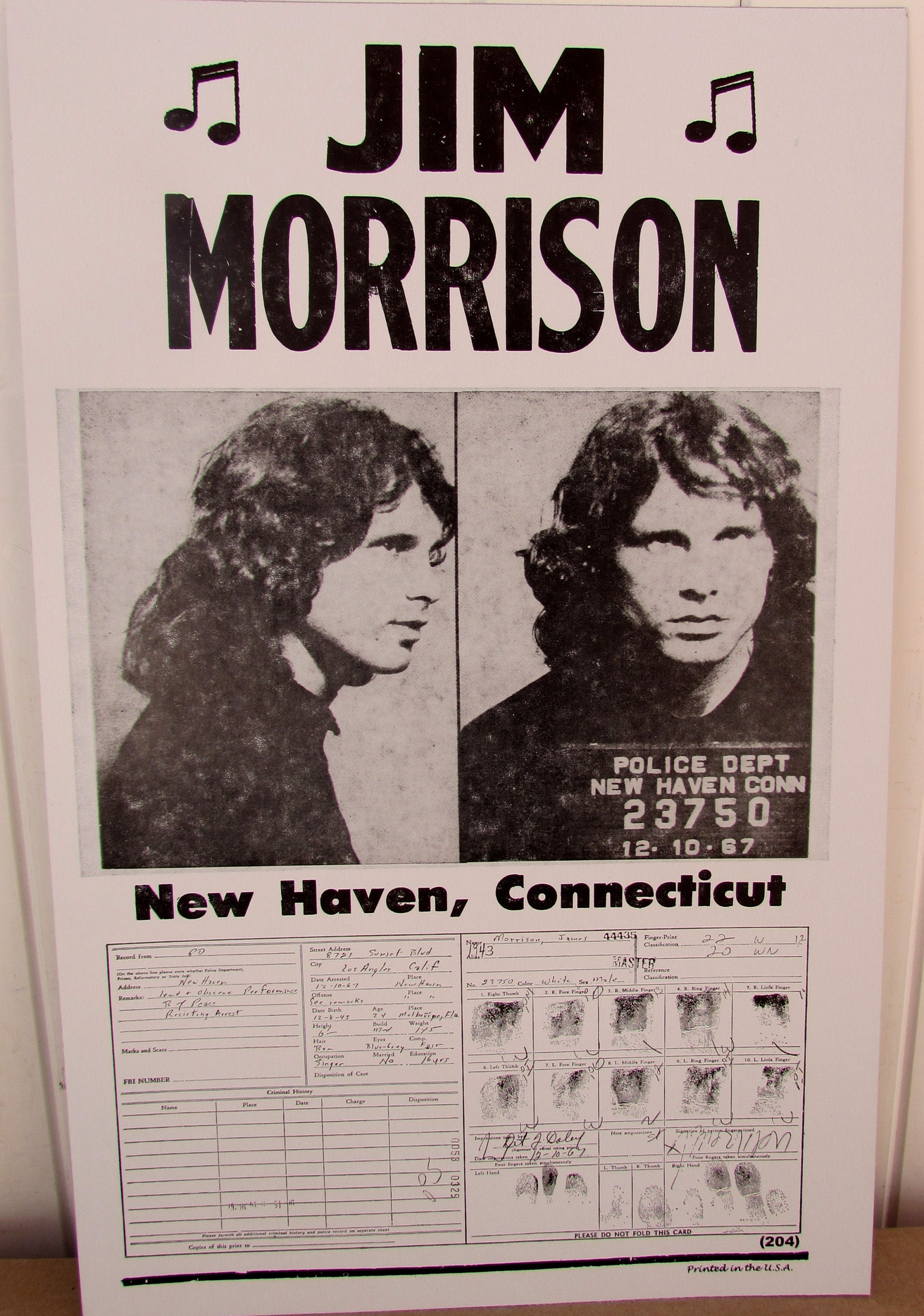 Doors Jim Morrison Police Mug Shot 1967 New Haven CT Busted On Stage ...