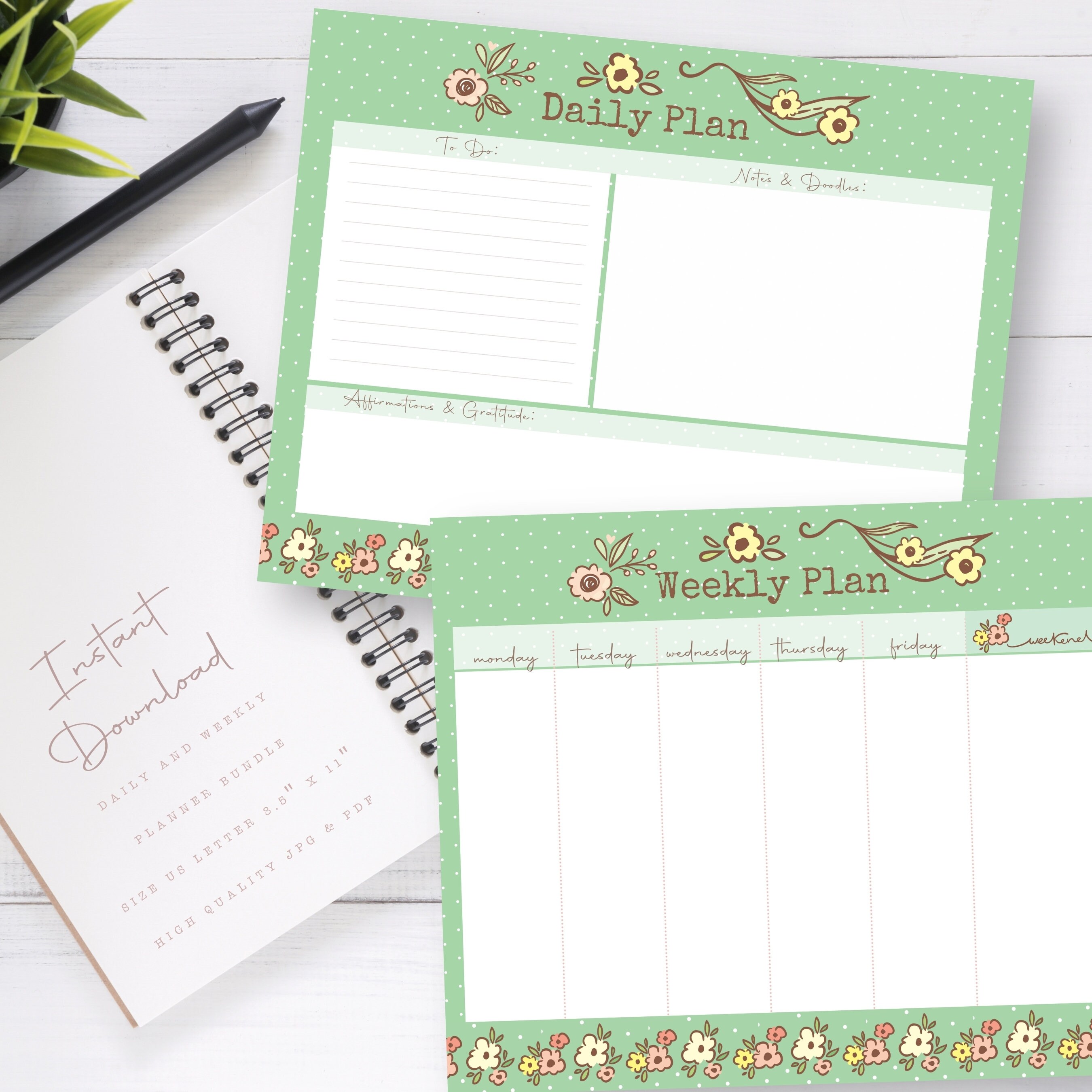 Daily Weekly Notes Planner Journal Calendar Printable Instant Digital ...