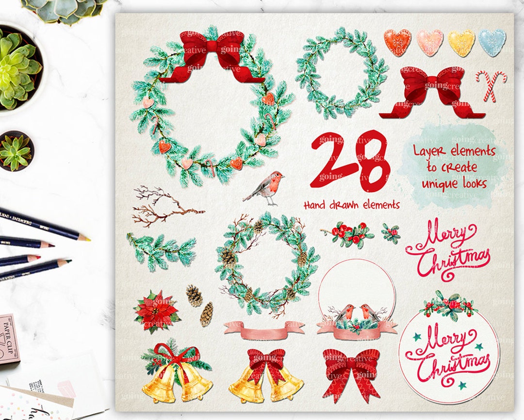 Vintage Christmas Watercolor Clipart Digital Clipart, Vintage, Bird ...