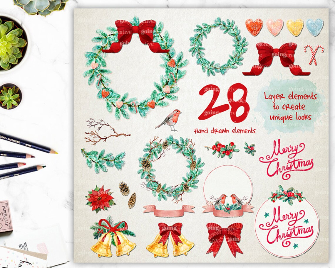 Vintage Christmas Watercolor Clipart Digital Clipart | Etsy