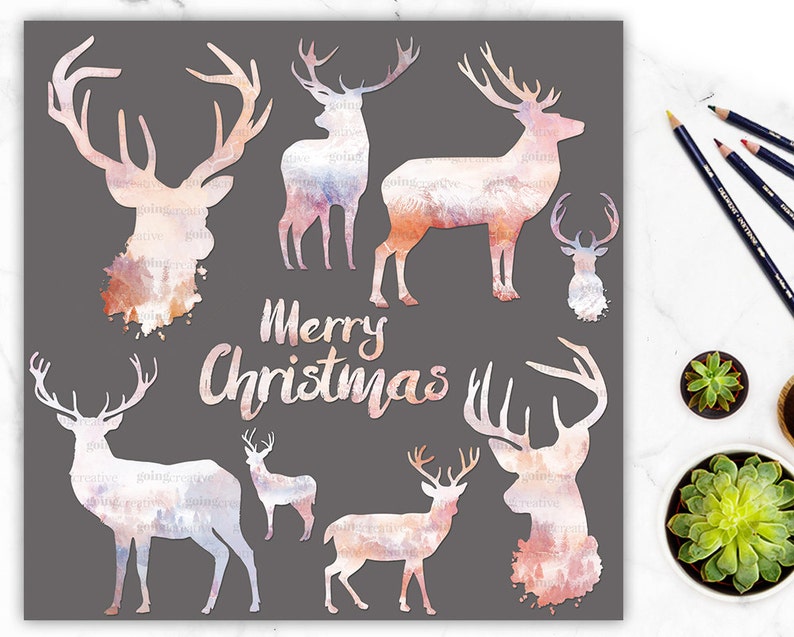 Christmas Watercolor Stag Clipart - Digital Clipart, Deer, Stag, Banner ...