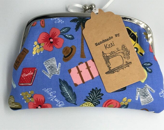 Twin Frame Travel Bon Voyage Kisslock Purse Bag Palm Trees Blue Pink ...