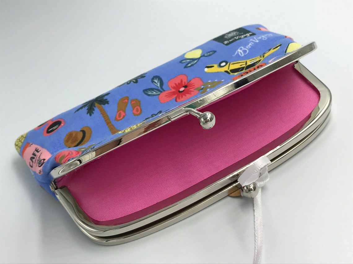 Twin Frame Travel Bon Voyage Kisslock Purse Bag Palm Trees Blue Pink ...