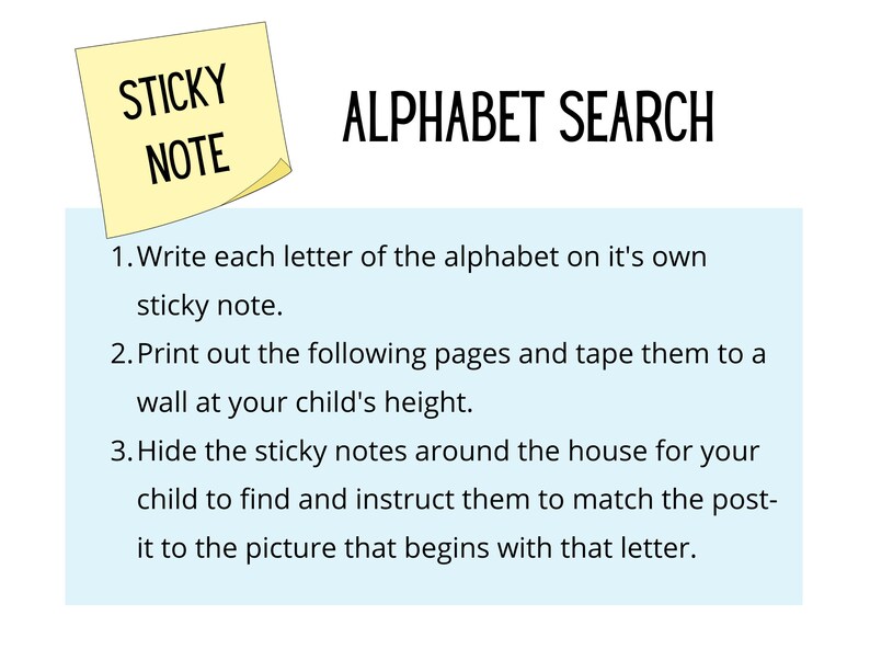 Printable Indoor Alphabet Scavenger Hunt Kids Activity Pages, Sticky ...