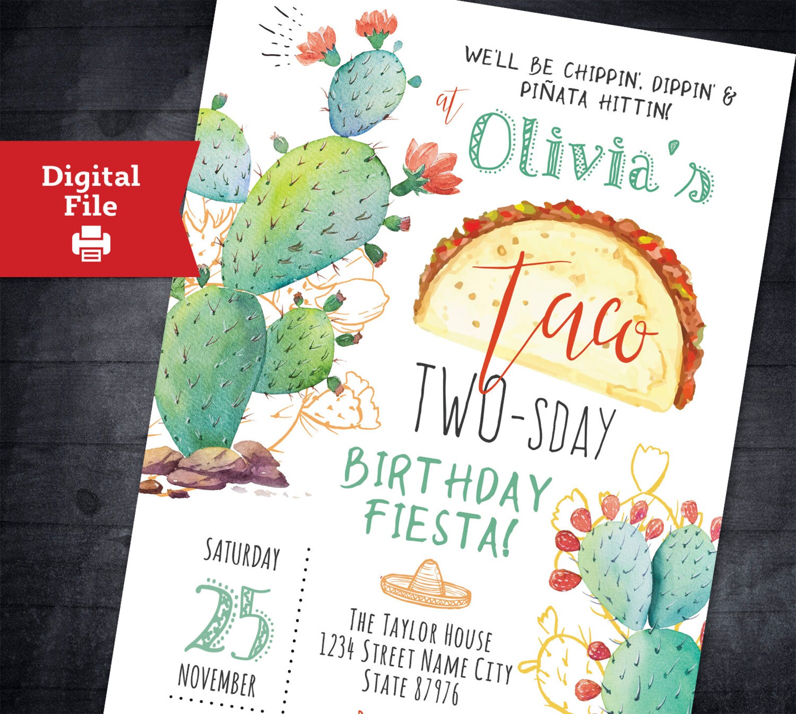 Girl TACO Twosday Invitation, Taco TWOSDAY Invitation Digital, Taco ...