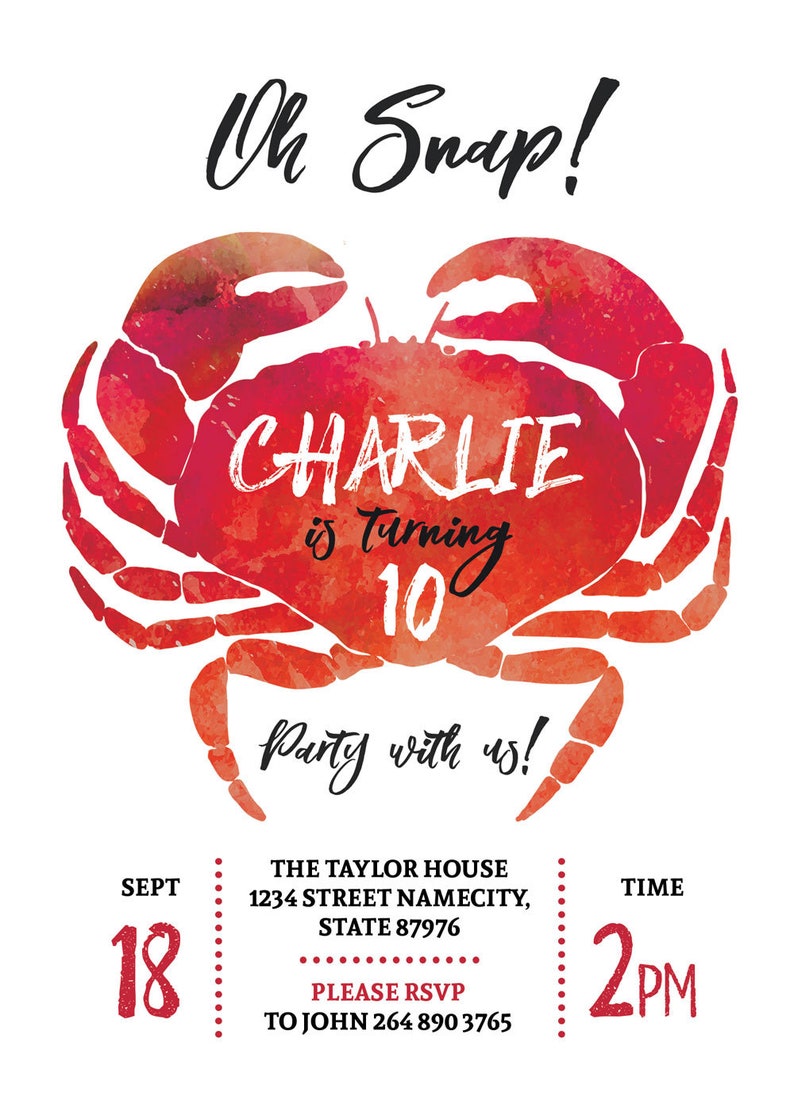 Crab Birthday Invitation Birthday Beach Party Invitation | Etsy
