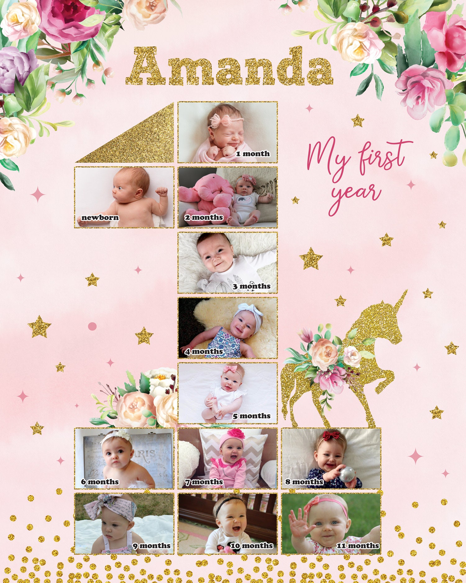 Unicorn First 12 Months Collage, Unicorn 1st Birthday Photo Poster ...