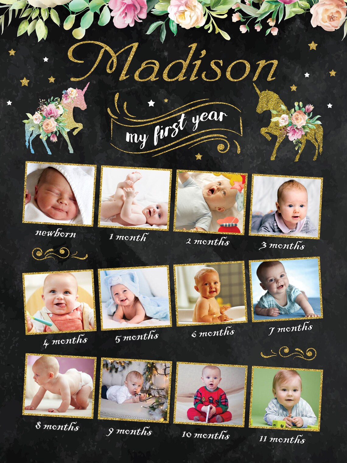 Unicorn First 12 Months Collage, Unicorn 1st Birthday Photo Poster ...