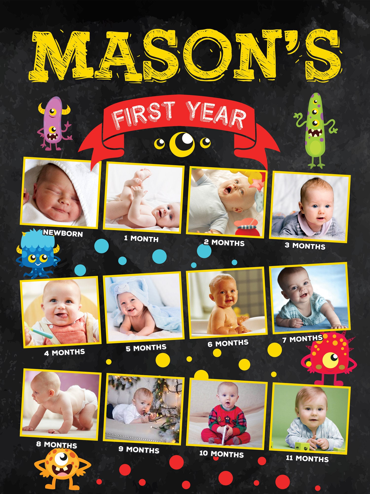 Monster First 12 Months Collage 1st Birthday Photo Poster - Etsy