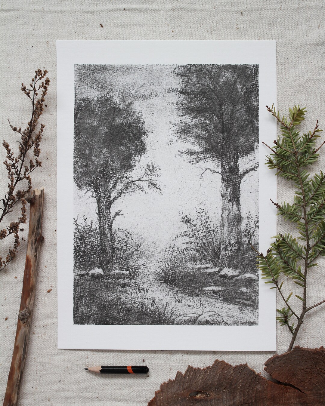 Art Print Meadow Path A4, Poster, Pencil, Drawing, Forest, Animals ...