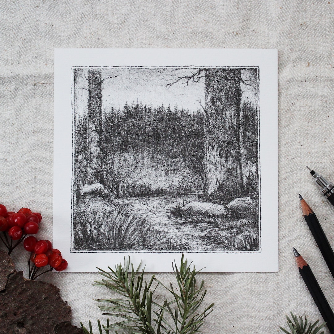 Art Print - Woodland - Poster, Pencil, Drawing, Forest, Animals, Nature ...