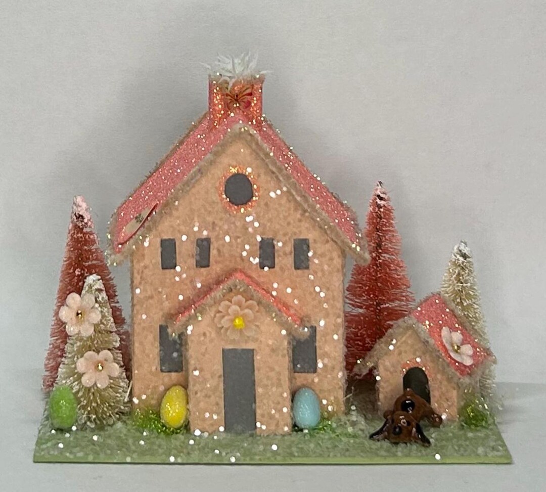 Happy Easter Springtime 'puppy Egg Hunt' Display Glitter Putz House - Etsy