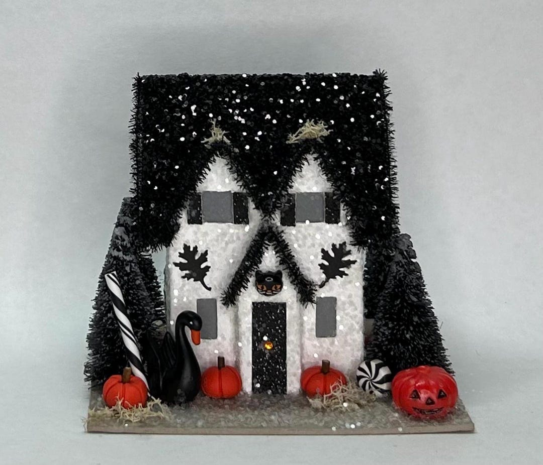 Happy Halloween 'swan Shock' Display Glitter Fall Putz House - Etsy