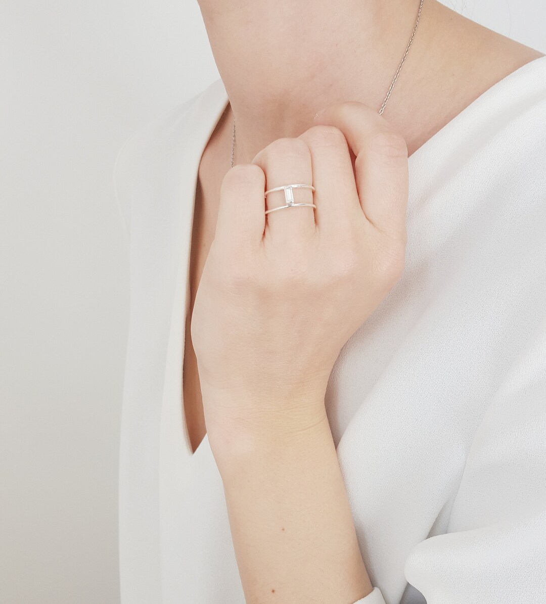 Double Band Sterling Silver Ring/ Baguette Zircon Ring / Dainty ...