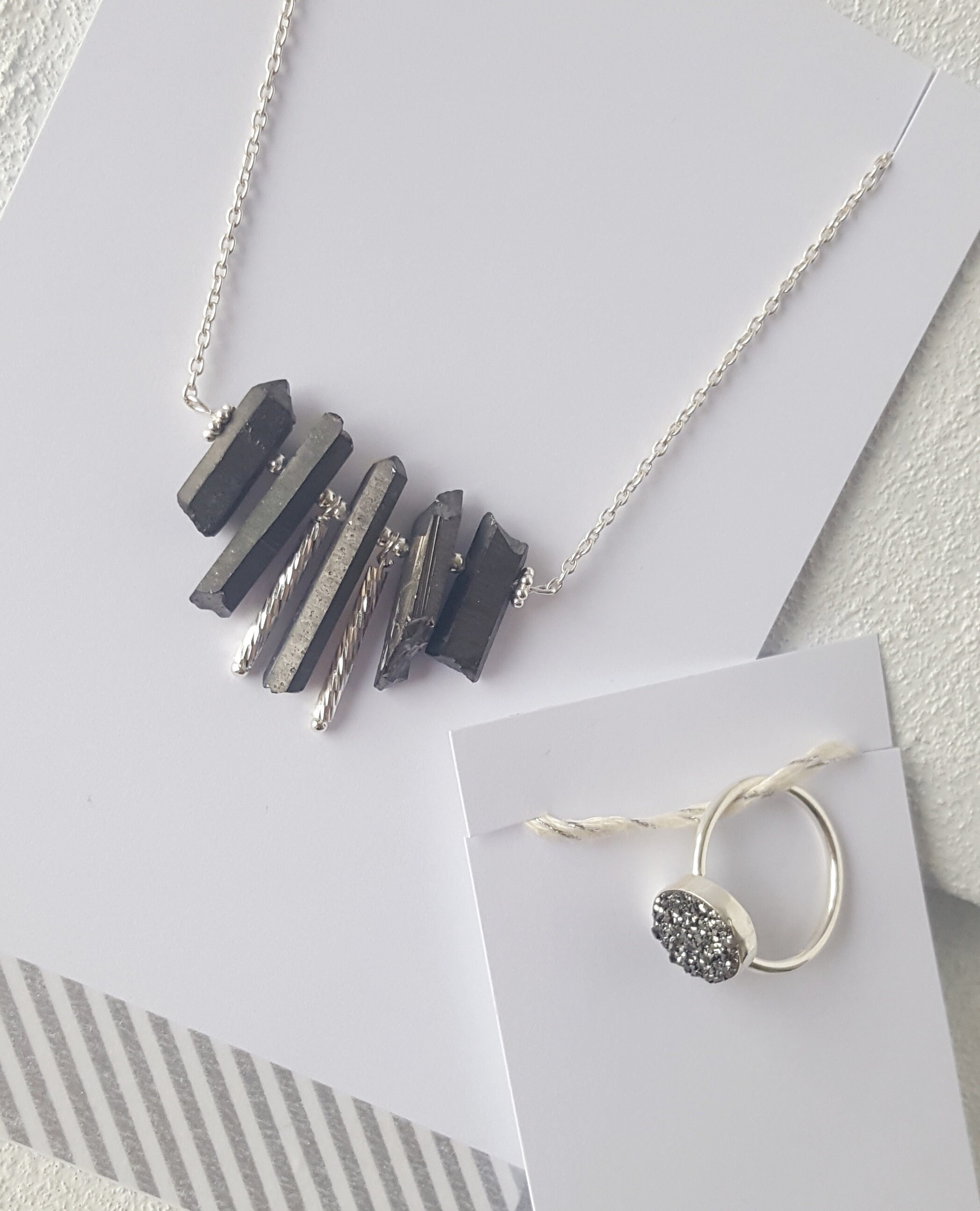 Raw Black Titanium Quartz Silver Necklace Chain/ Long Layered Cristal ...