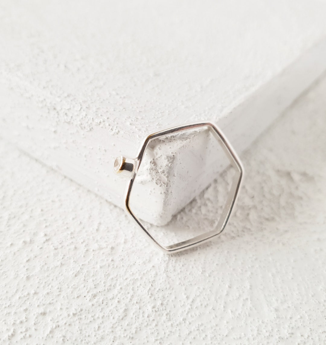 Hexagonal Geometric Silver Ring With Clear Zirconium/ Stackable ...