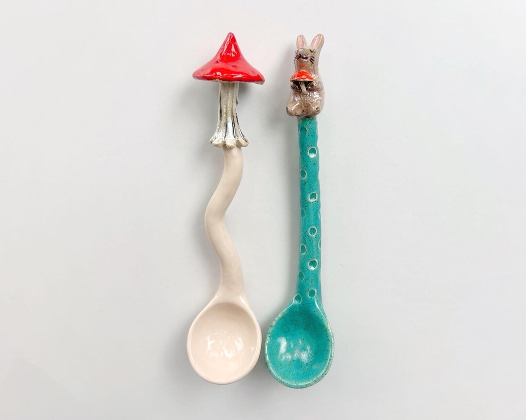 Set of 2 Spoons. Bunny and Curly Mushroom Ceramic Spoons - Etsy