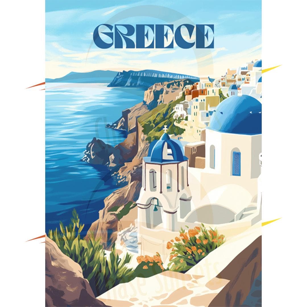 Vintage Greece Travel Poster Santorini Iconic View, Mediterranean Wall ...