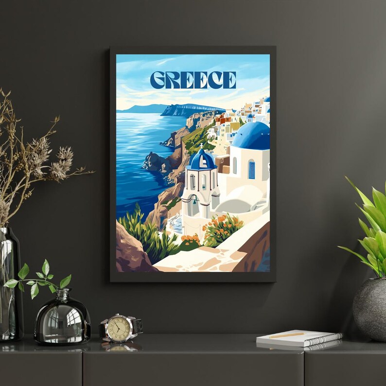 Vintage Greece Travel Poster Santorini Iconic View, Mediterranean Wall ...