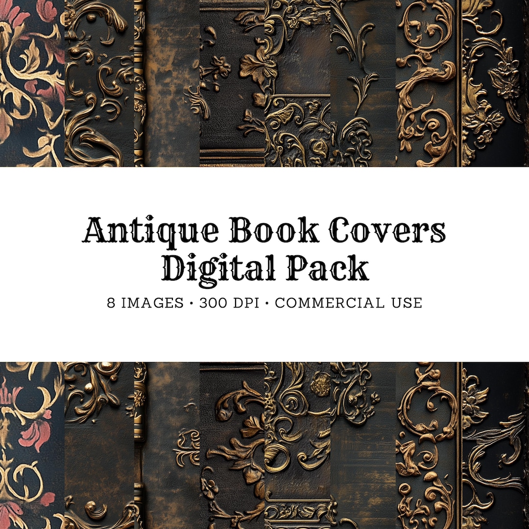 Antique Book Cover Design Digital Paper, Vintage Gilded Patterns, Worn ...