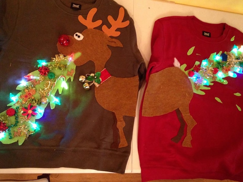 Ugly Christmas Sweater, Couple Sweater, Vomiting Reindeer With Lights ...