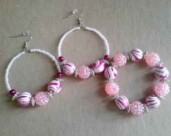 Pink Beaded Dangle Earring and Bracelet Set, Pink Pearl Earrings and ...