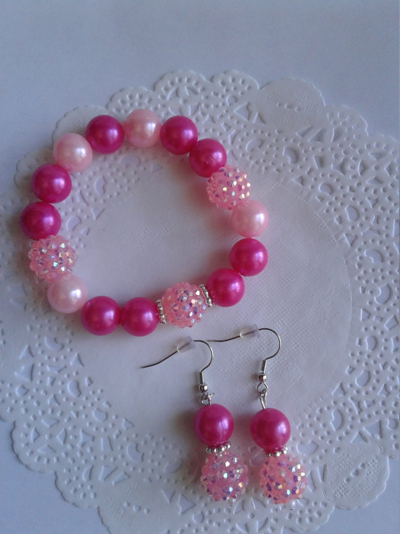 Pink Beaded Dangle Earring and Bracelet Set, Pink Pearl Earrings and ...