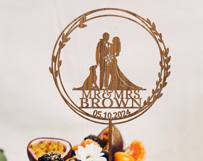 Boho Floral Wedding Cake Topper With Dog, Wreath Cake Topper With ...