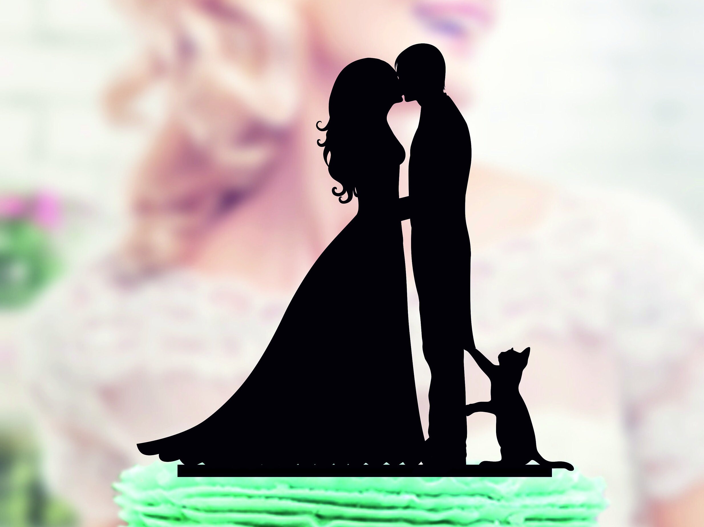 Wedding Cake Topper With Cat , Silhouette Groom and Bride, Acrylic Cake ...