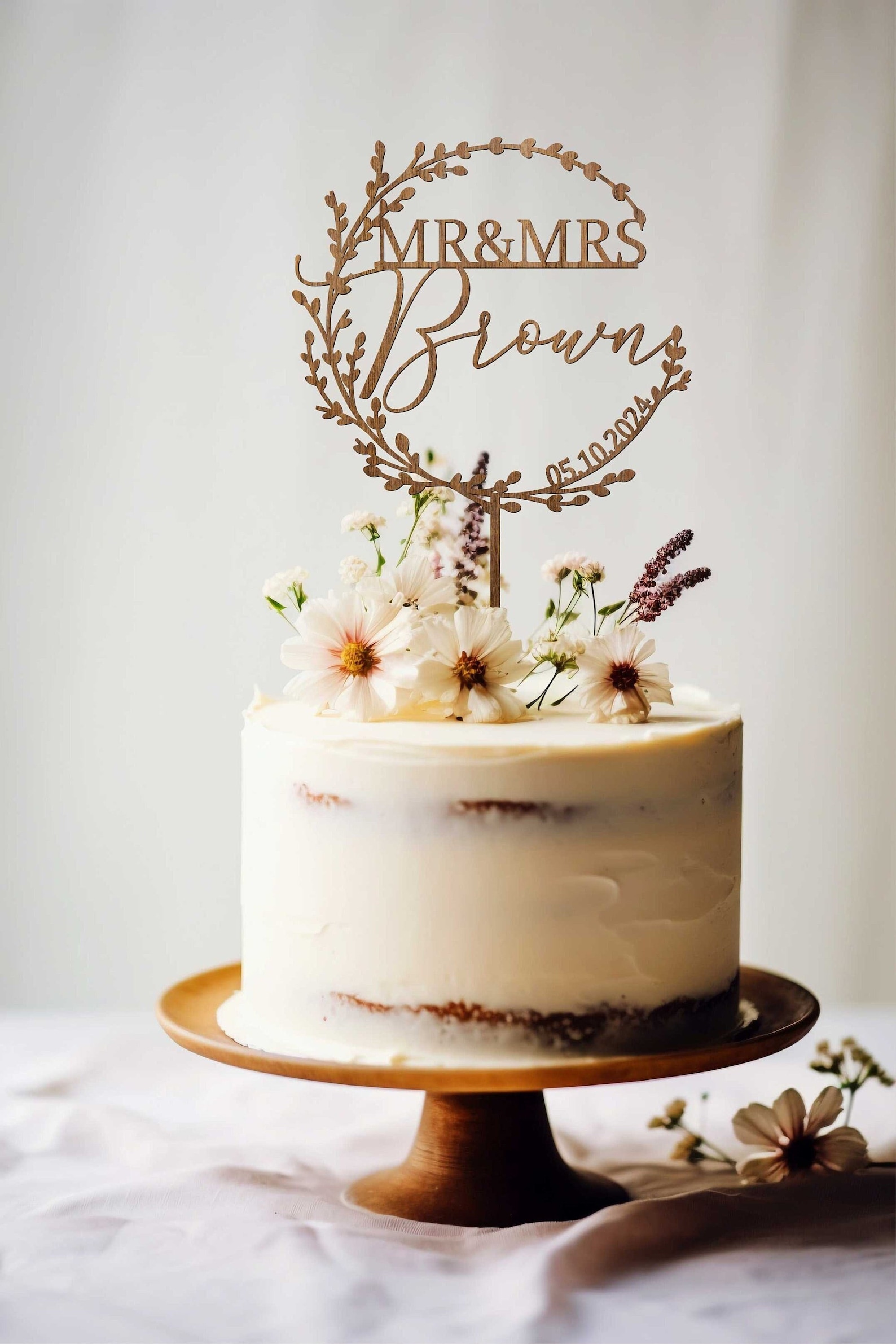 Wreath Wedding Cake Topper, Personalized Wood Cake Topper, Anniversary ...