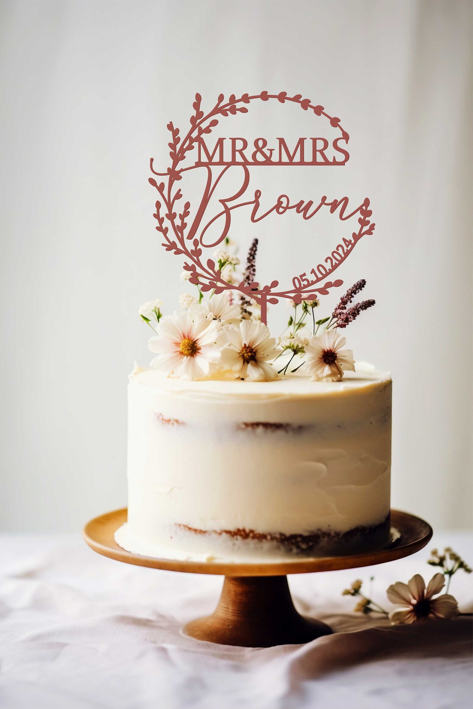 Wreath Wedding Cake Topper, Personalized Wood Cake Topper, Anniversary ...