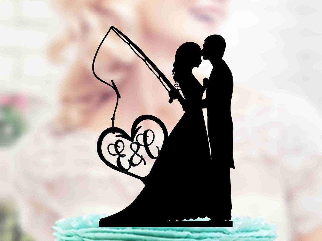 Fishing Wedding Cake Topper, Bride and Groom With Fishing Rod, Monogram ...