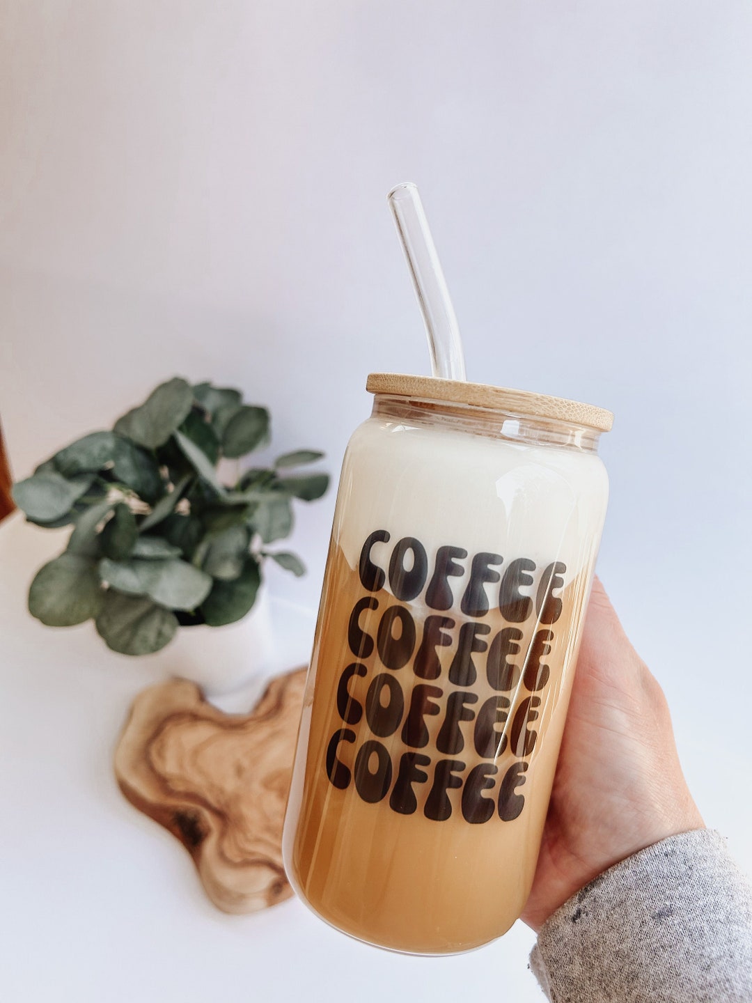 Coffee Glass Glass Can With Bamboo Lid and Straw Cute Boho Iced Coffee ...
