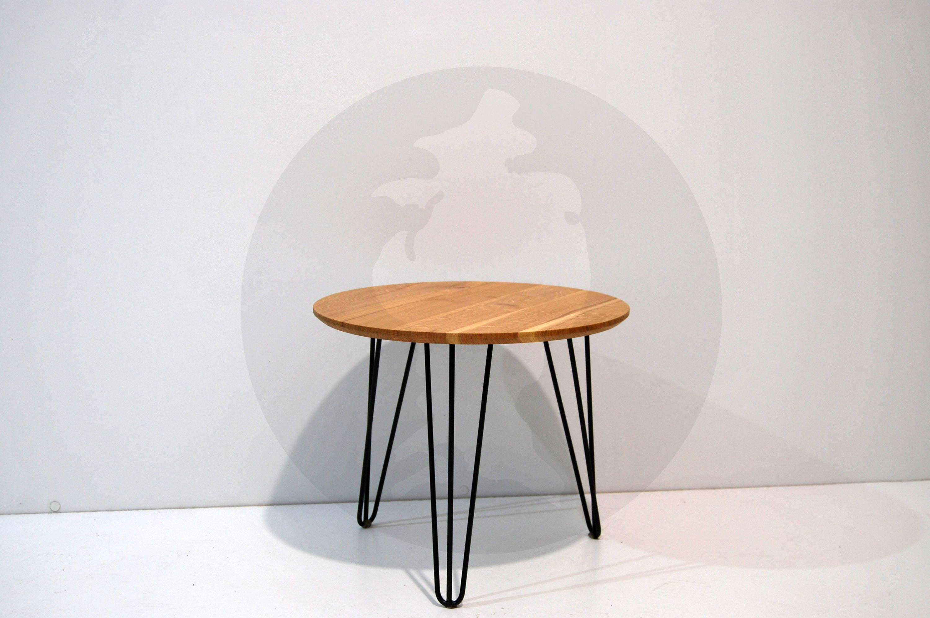 Solid Oak Round Side Table with Hairpin Metal Black Legs / | Etsy