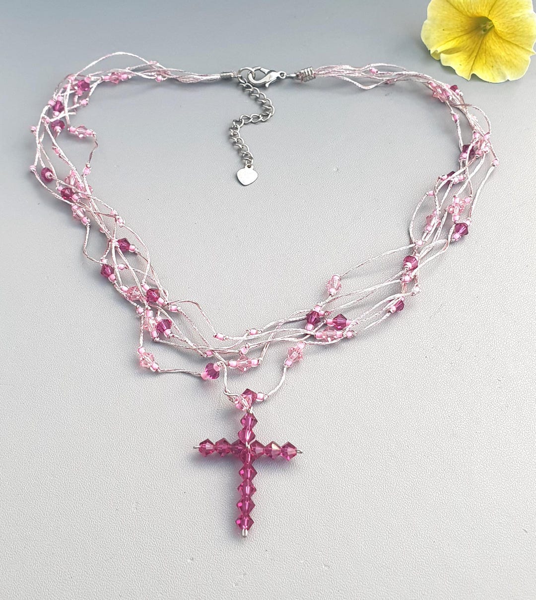 Pink Crystal Cross on Purple Silk Multi Strand Necklace - Etsy