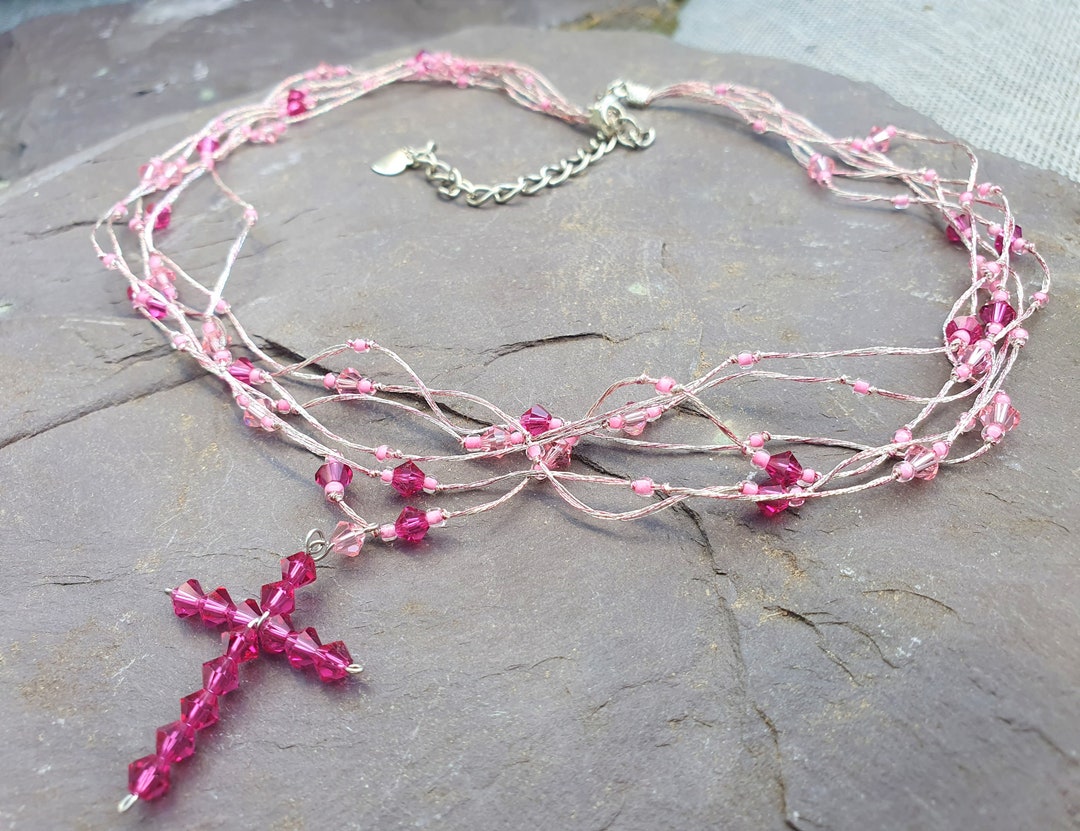 Pink Crystal Cross on Purple Silk Multi Strand Necklace - Etsy