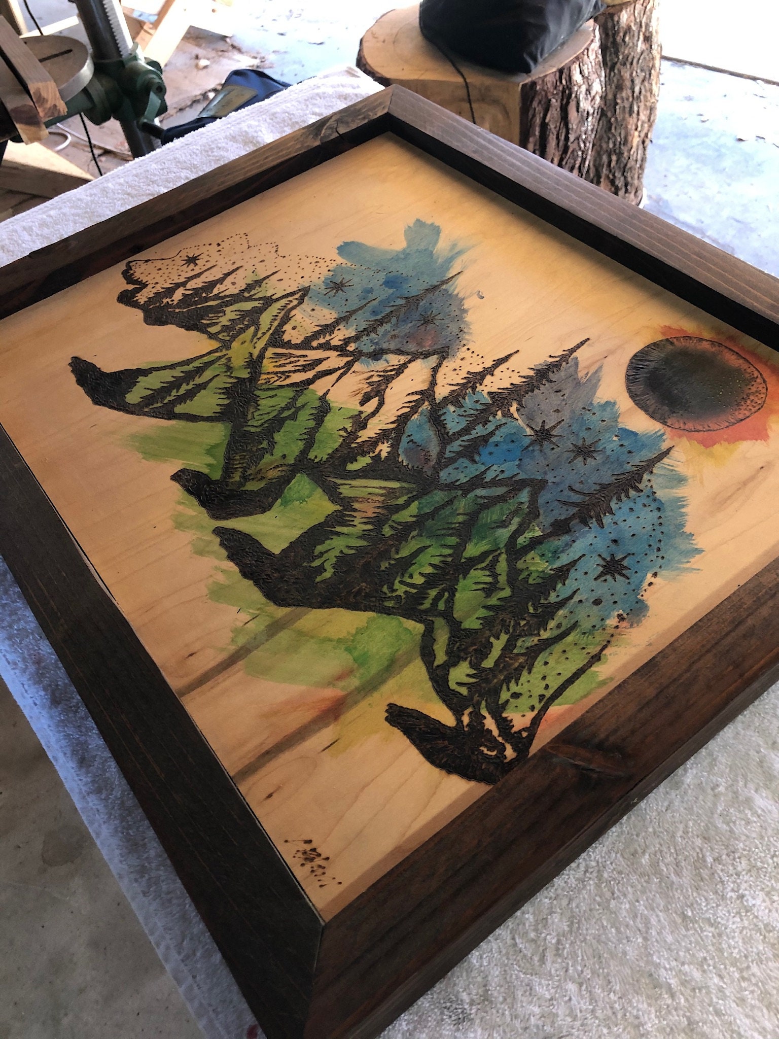 Bear/mtn Range Pyrography With Water Color Accents. Framed in Handmade ...