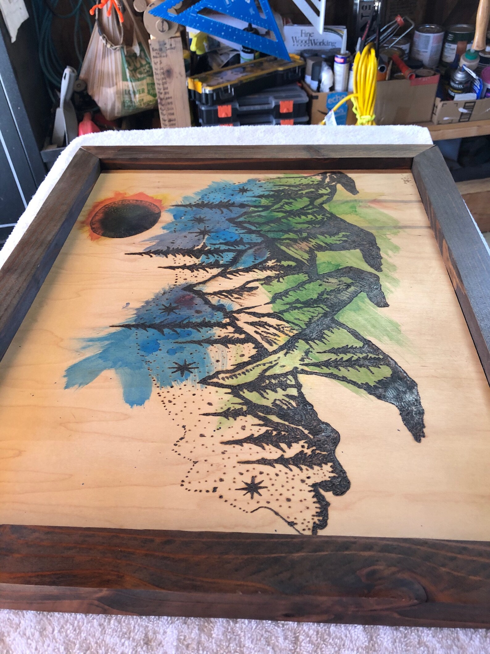 Bear/mtn Range Pyrography With Water Color Accents. Framed in Handmade ...